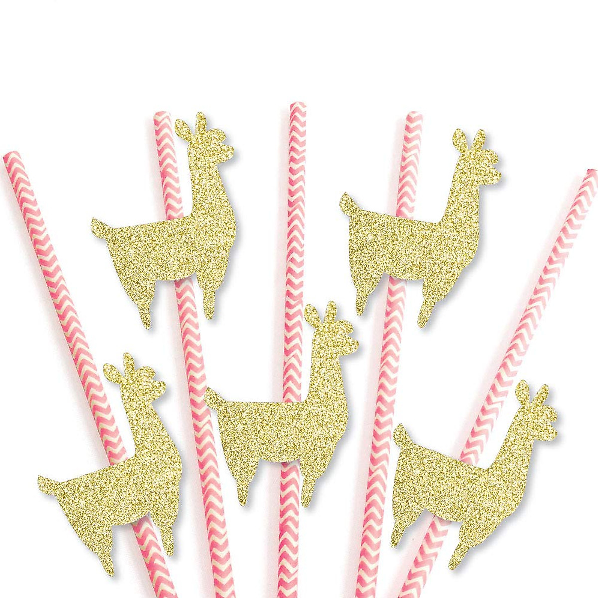 Gold Glitter Llama Party Straws - No-Mess Real Gold Glitter Cut-Outs and Decorative Llama Fiesta Baby Shower or Birthday Party Paper Straws - Set of 24