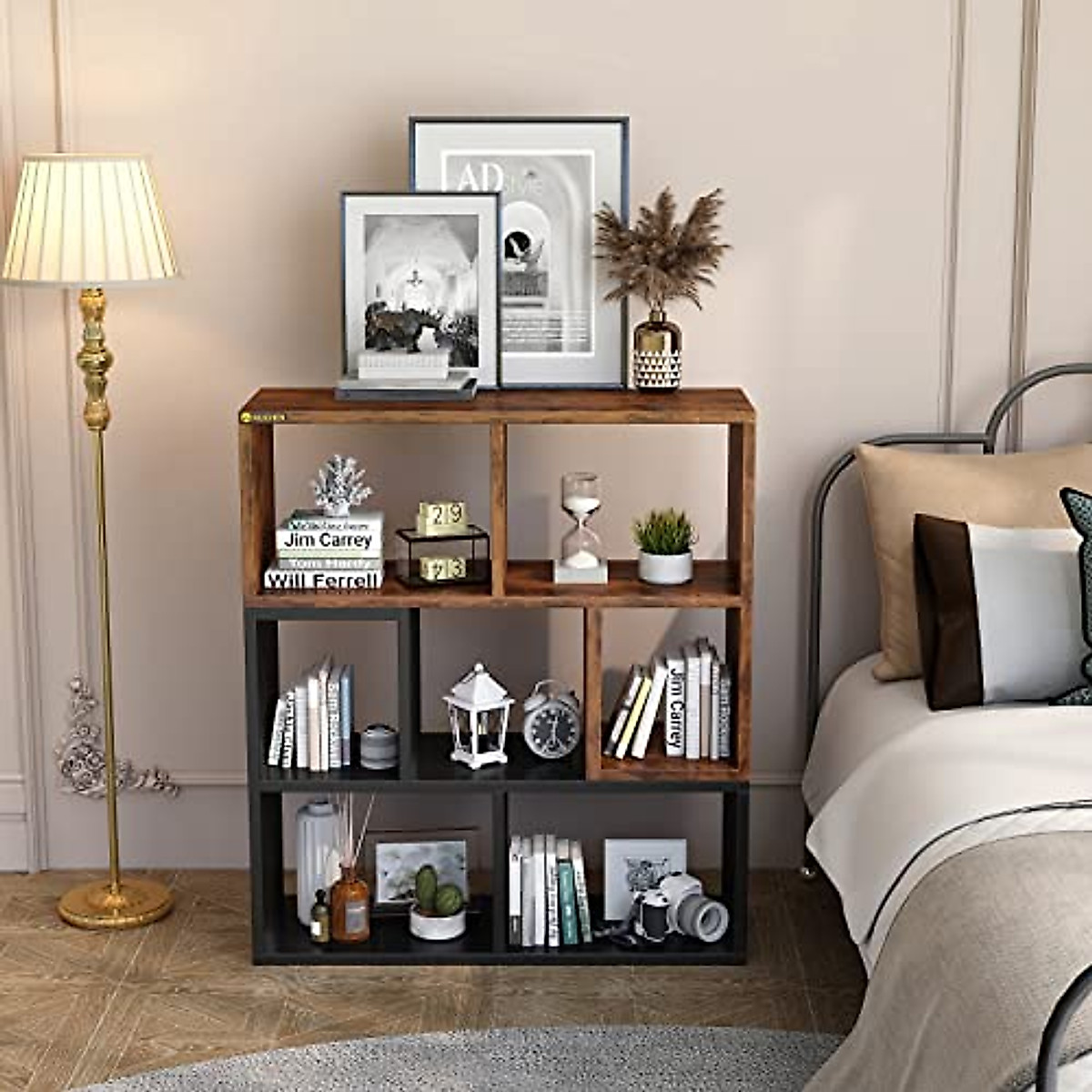 MIN WIN 7 Cube Storage Organizer,3 Tier Wood Bookshelf Free Combination Cubby Bookcase Open Standing Book Shelving Cabinet Display Cube Shelves Compartments for Study Living Room Office,Antique+Black