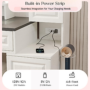 Buytime Farmhouse Makeup Vanity with Charging Station, Vanity Desk with Lights Mirror and Drawers, Glass Top Makeup Vanity with Jewelry Cabinet, Hairdryer Holder and Stool for Bedroom, Off White