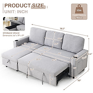 Antetek Reversible Sectional Sofa Couch with Pull-Out Bed, Modern Linen L-Shaped Sleeper Sofa Bed with Storage Chaise/Cup Holder/Side Pocket, Furniture Set for Living Room, Small Space, Light Grey