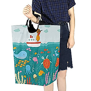 Rabbit Hare on Ship Dolphin Sea Turtle Fishes Octopus Turquoise Ocean Laundry Hamper Basket Bucket, Foldable Dirty Clothes Bag, Waterproof Fabric Washing Bin, Toy Storage with Handles for Bathroom