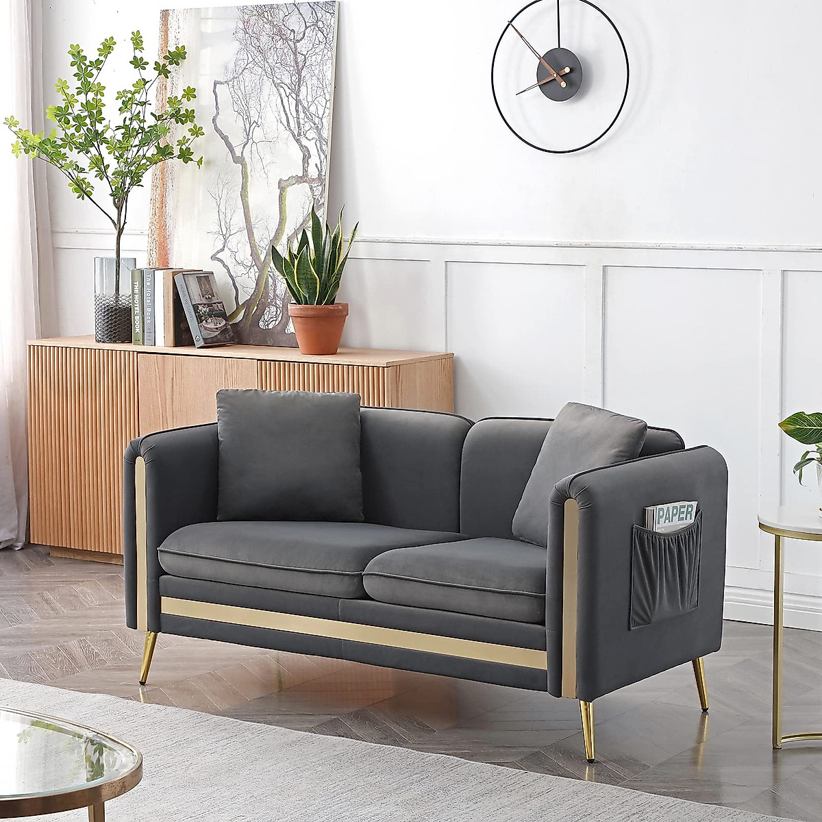 Homtique Modern Velvet Loveseat Sofa, 59 Inch Upholstered Love Seats Furniture Sofa with Side Pocket and 2 Pillows, Gold Metal Legs Decor Small Couches for Living Room/Apartment/Office (Grey)