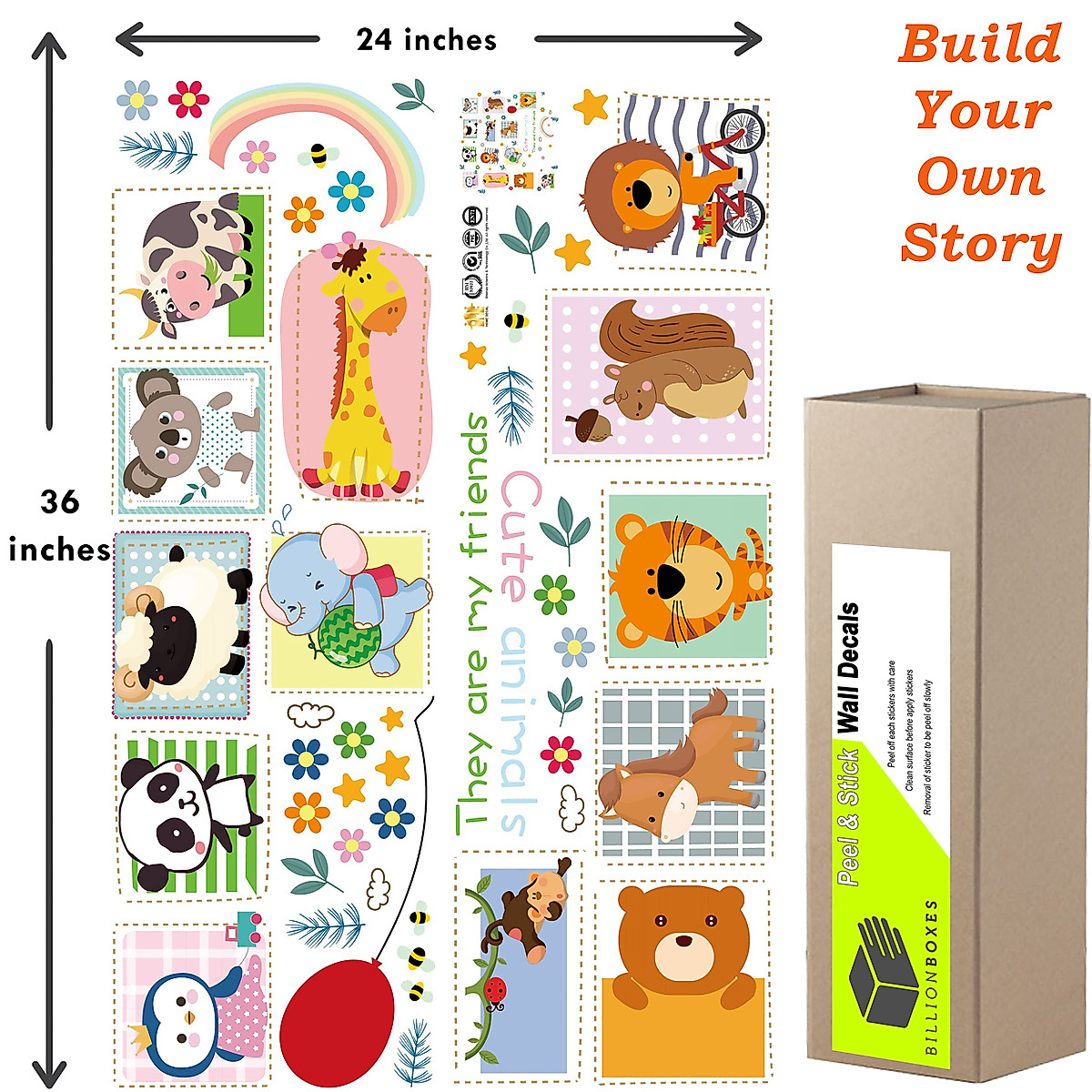 Waterproof Kids Wild Safari Animal Wall Stickers - Bathroom Mirror or Window - Peel & Stick Jungle Theme Unisex Wall Decals for Baby's & Kids Room, Nursery, Classroom, Playroom & Party Decorations