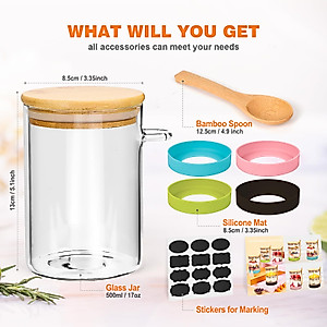 JinhzWin 4 Packs Overnight Oats Containers with Lids, 17 Oz Oats Overnight Glass Jar with Bamboo Spoon, Large Capacity Jars with 4 Colors Silicone Mats for Cereal Fruit Vegetable Yogurt Milk Salad