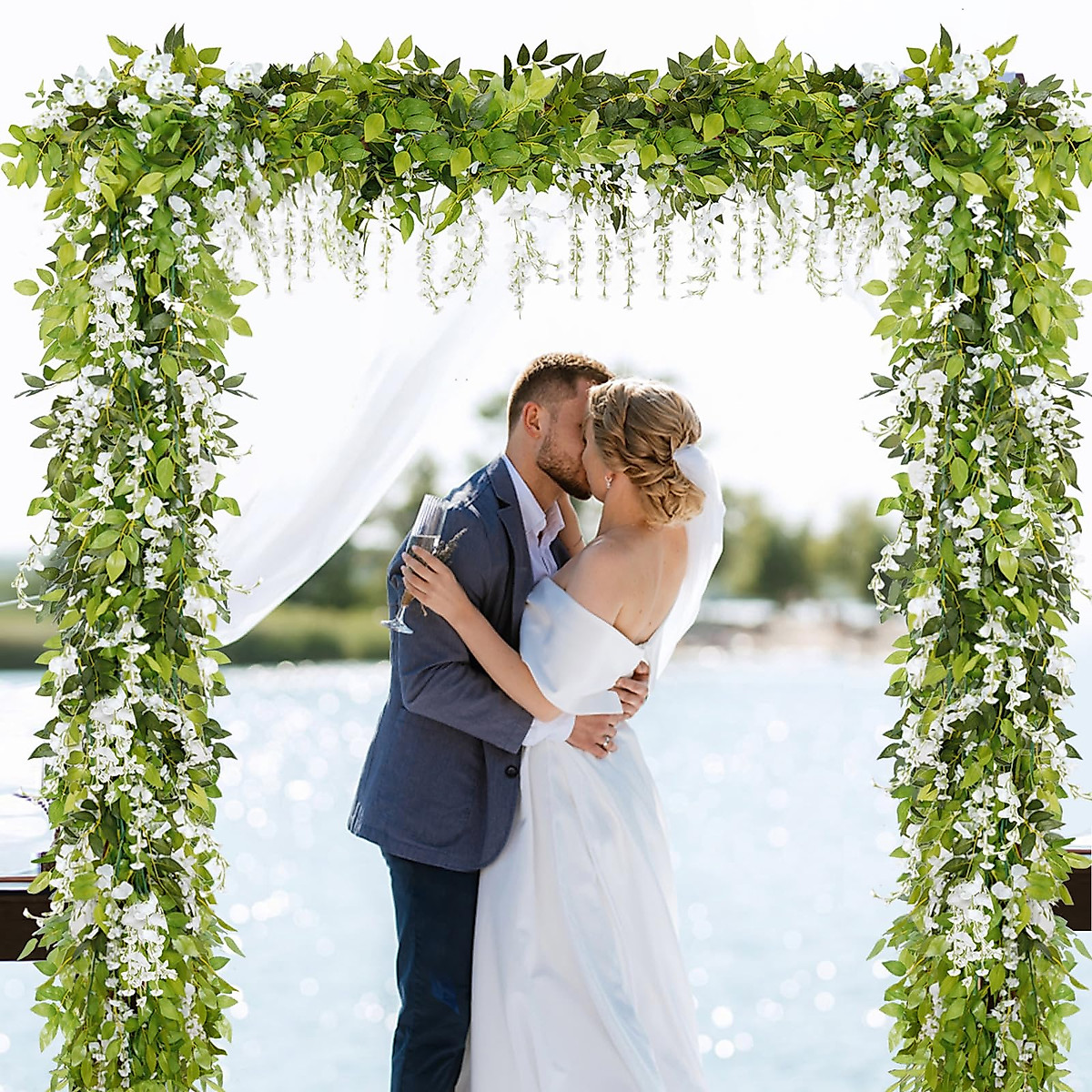 Dolicer Wisteria Artificial Flower Garland 4Pcs Total 24Ft, Artificial Wisteria Garland, White Wisteria Flower Vines, Silk Wisteria Hanging Flowers for Wedding Arch Outdoor Ceremony Garden Porch Decor