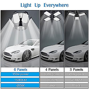 onffo LED Garage Lights, 150W Deformable LED Garage Ceiling Lights with 6 Adjustable Panels, 10000LM 6500K E26/E27 LED Shop Lights for Garage, Basement, Barn, Warehouse