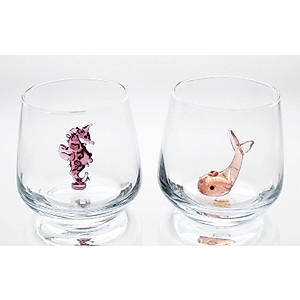 HeguSun 3D Drinking Glass Cup with Cute Animal Figurine Inside, Hand Blown Glass Ocean Life Animals Figures Inside Mug, Stemless Glass for Wine, Water, Milk, Beverages, 12oz(Ocean Animals)