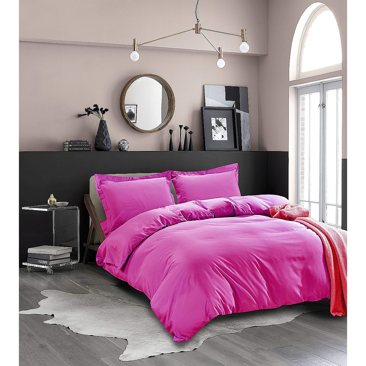 La Calypso Bedding 100% Cotton 600 Thread Count Duvet Set, 1 Piece Duvet Cover with Zipper Closure & Corner Ties and 2 Pillowcase, Comforter Cover Set (King/California King Size, Hot Pink)