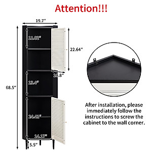 HollyHOME 68.5" Tall Corner Metal Storage Cabinet, Narrow Linen Tower Cabinet with Shelf and Shutter Door, Freestanding Floor Slim Organizer Cupboard for Living Room, Kitchen Pantry, Black&White