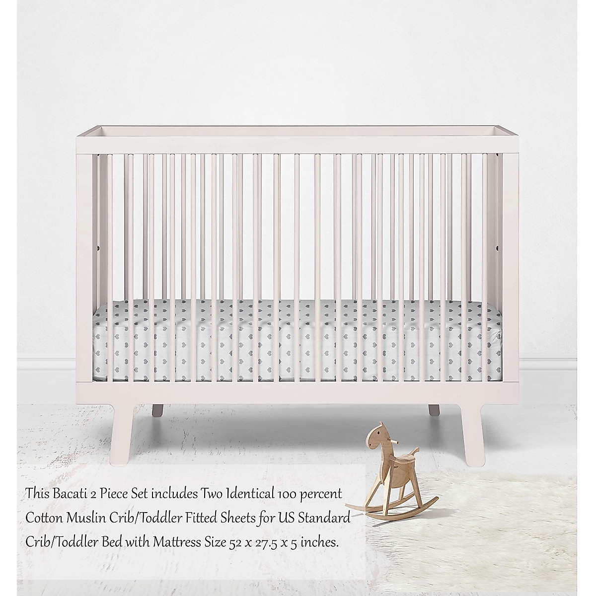 Bacati - 2 Pack Love/Aztec/Arrows/Hearts Silky Soft Breathable 100% Cotton Muslin Baby Crib Fitted Sheets - Fits Standard 28 x 52 x 5 Crib & Toddler Mattresses (Hearts, Grey)