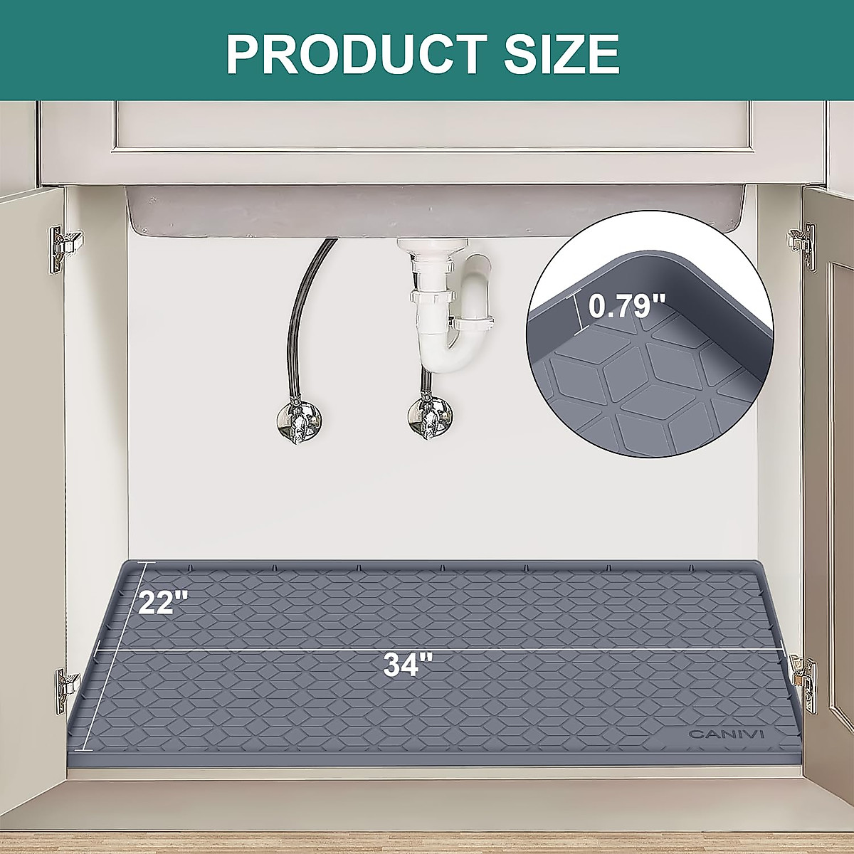 CANIVI Under Sink Mat, 34" x 22" Waterproof Silicone Under Sink Tray for Kitchen & Laundry Cabinets, Kitchen Cabinet Shelf Protector, Up to 3.3 Gallons Liquid, Fits 36 inch Standard Cabinet(Grey)