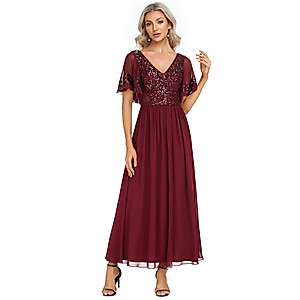 Ever-Pretty Women's Sequin Ruffle Sleeve V Neck A-Line Pleated Open Back Long Chiffon Formal Dresses Burgundy US26