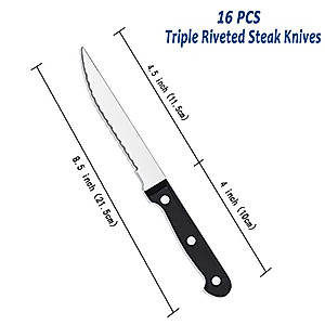BEWOS Steak Knives Set of 16, Triple Rivet Steak Knives, Serrated Steak Knives, Stainless Steel Serrated Blades (4.5”), Sharp Knifes, Dinner Knives, Dishwasher Safe, Knives Set for Home, Restaurant