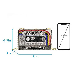 ZLM BAG US Retro Cassette Evening Clutch Purse Crystal Inlaid Bling Crossbody Shoulder Bag for Graduation Wedding Party