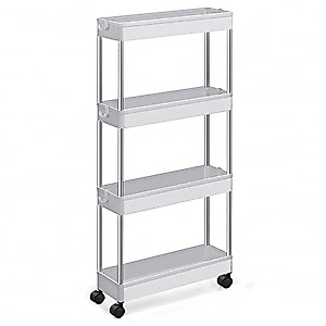 SONGMICS 4-Tier Slide Out Storage Cart, Slim Rolling Cart on Wheels, Slim Storage Cart, Space-Saving Bathroom Storage, Kitchen, Narrow Shelf, 15.7 x 5.3 x 33.9 Inches, White UKSC08WT