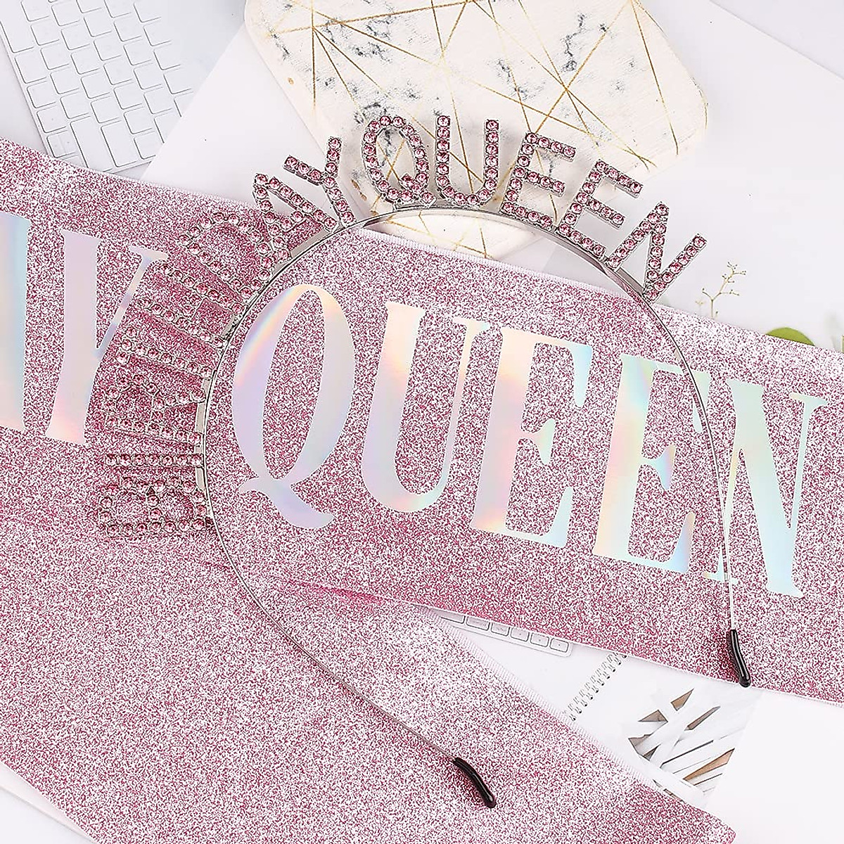 Didder Birthday Crowns for Women, Pink Birthday Queen Sash & Birthday Tiara Set, Birthday Tiara for Women Birthday Crown Princess Crown Rhinestone Birthday Girl Headband Happy Birthday Accessories