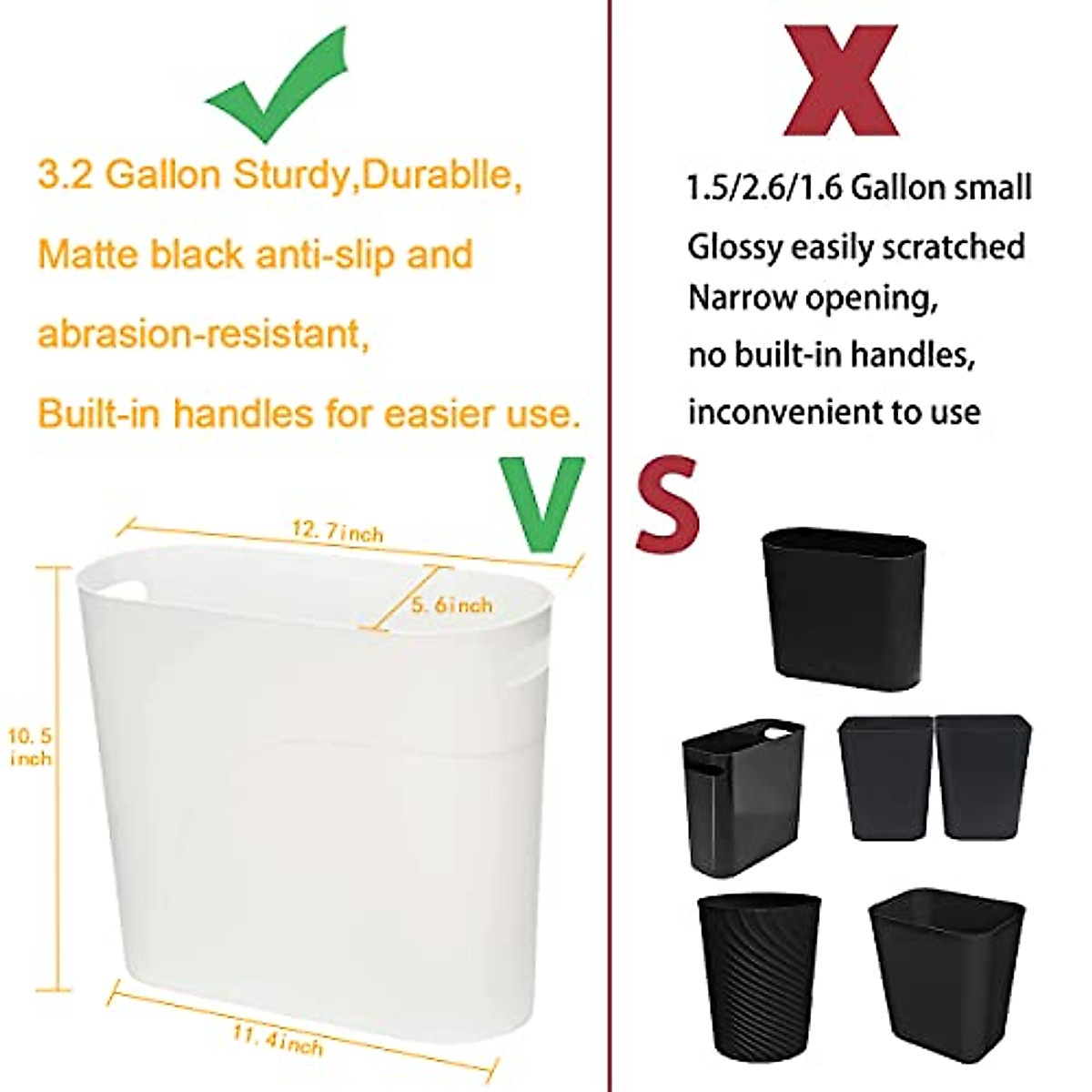 HZSOOCH 3 Pack Slim Waste Basket 3.2 Gallon 12L Plastic Small Trash Can, Office Trash Can, Slim Garbage Container Bin, Small Wastebasket with Handles for Narrow Spaces Bathroom, Kitchen (White)