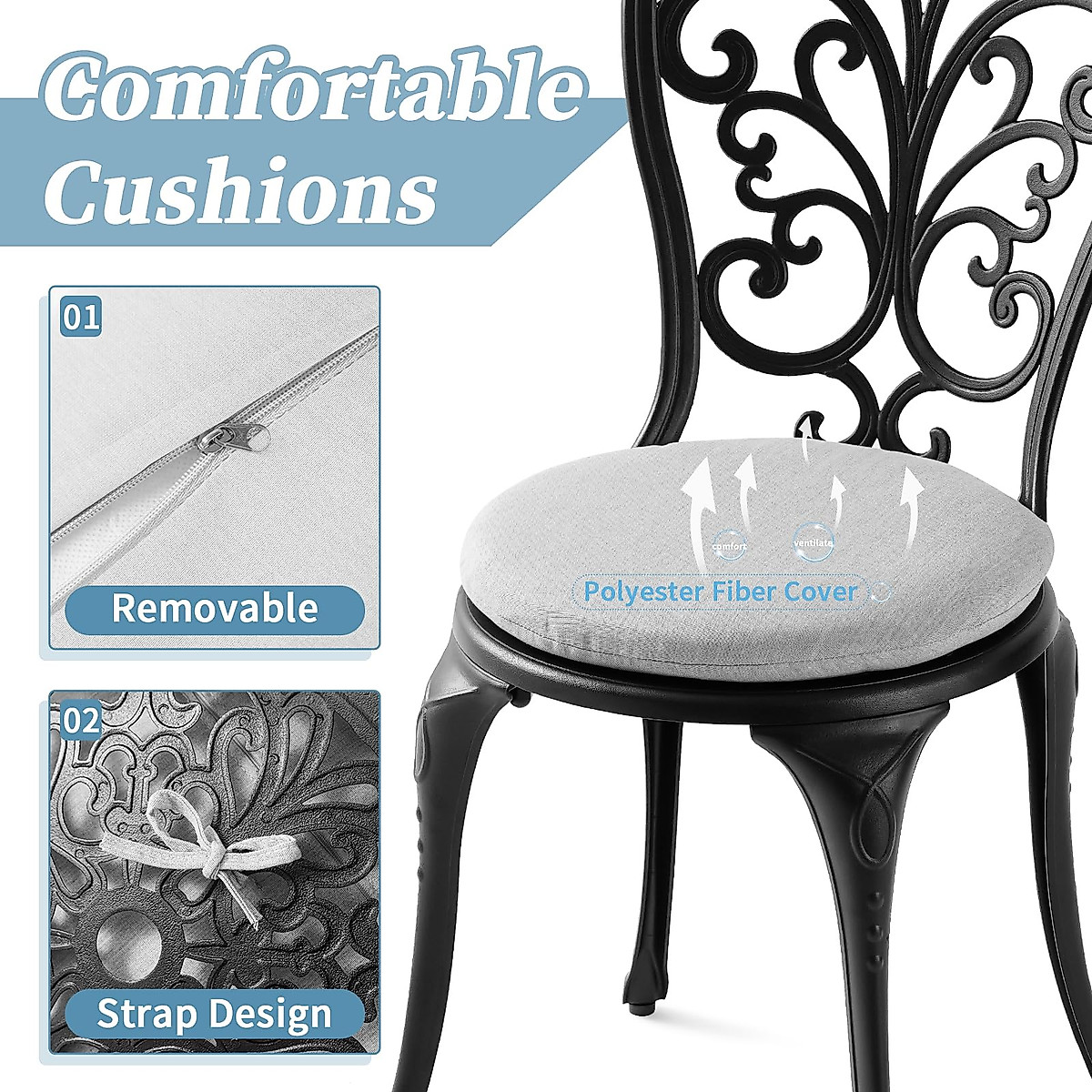 Withniture 3 Piece Bistro Patio Set Cast Aluminum Bistro Table and Chairs Set of 2 with Cushion,Outdoor Bistro Table Set with Umbrella Hole,All Weather Patio Furniture Set for Garden,Black