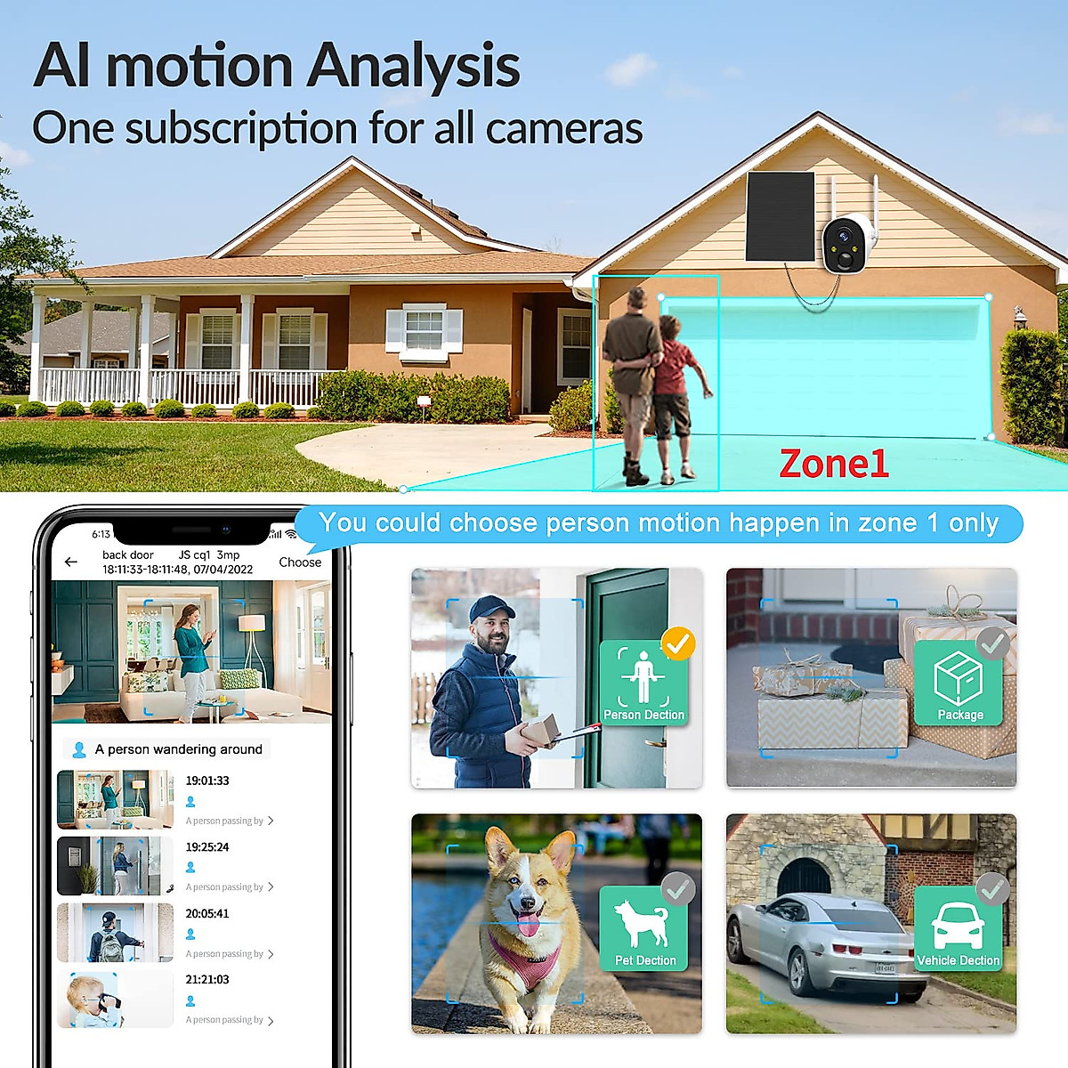 ESCANU Wireless Outdoor Solar Security Camera for Home Security, AI Motion,WiFi Wireless Rechargeable Camera, with Colorful Night Vision, 2-Way Audio, Spotlight,IP65 Waterproof, Cloud/Sd Card Storage