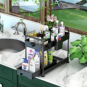 DDmispo Under Kitchen Sink Organizers and Storage, 2 Tier Bathroom Cabinet Undersink Organizer Storage Pull Out Shelf Drawer, Under-Sink Organizers Sliding Rack for Narrow Space