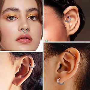 Septum Jewelry 16G Daith Earrings Surgical Steel Purple Opal Septum Rings Silver Nose Ring Hoop Opal Septum Clicker Ring Daith Piercing Jewelry Rook Helix Tragus Conch Cartilage Hoop Earrings 10mm