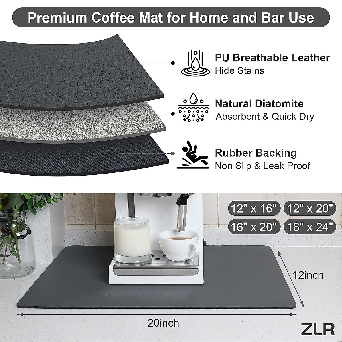 ZLR Coffee Mat - 12" x 20" Middle Kitchen Absorbent Mat for Countertop - Easy to Clean Coffee Bar Mat for Coffee Machine, Coffee Maker, Espresso Machine - Gray