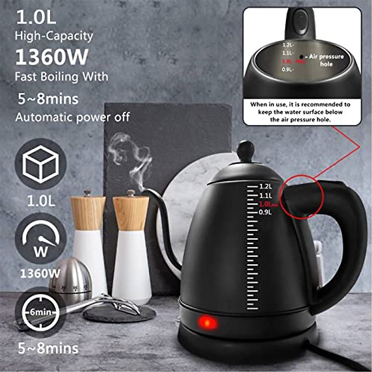 BLBO Gooseneck Kettle ,110v Electric kettle 1.0L Pot body 100% Stainless Steel Electric tea kettle High temperature blisters drainage groove is designed in the handle Quick Heating Pour Over Kettle