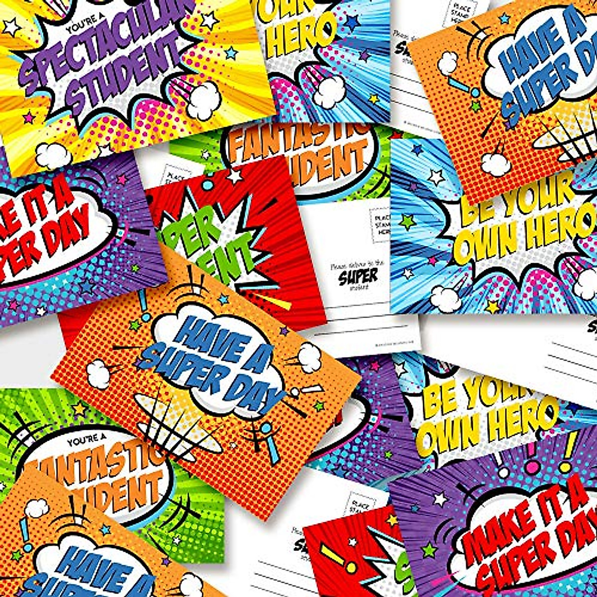 Super Student Superhero Themed Blank Postcards For Students From Teachers, Total of 30 4"x6" Fill In Notecards (5 of each design) by AmandaCreation
