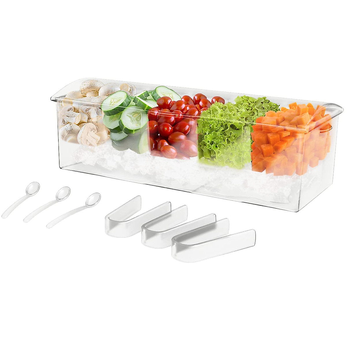 7Penn Condiment Tray with Ice Chamber, 5 Condiment Containers, Lid, 3 Tongs, 3 Spoons - Chilled Condiment Server Caddy