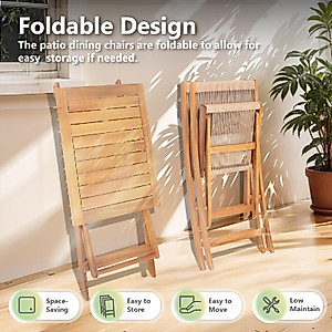 Olaterior 3 Piece Acacia Wood Patio Bistro Set, Outdoor Folding Bistro Table and Chairs Set of 2, Small Rope Conversation Set, Patio Furniture for Apartment Balcony Deck Porch, Beige