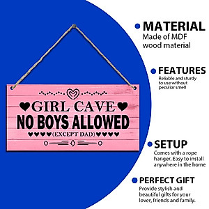 Pink Little Girl Cave Hanging Wooden Sign No Boys Allowed (Еxcept Dad) Quote Plaque Hanging Wall Art Decor for Nursery Kids Toddler Girls Bedroom Playroom Living Room Decorations 12''X 6'' (J690)