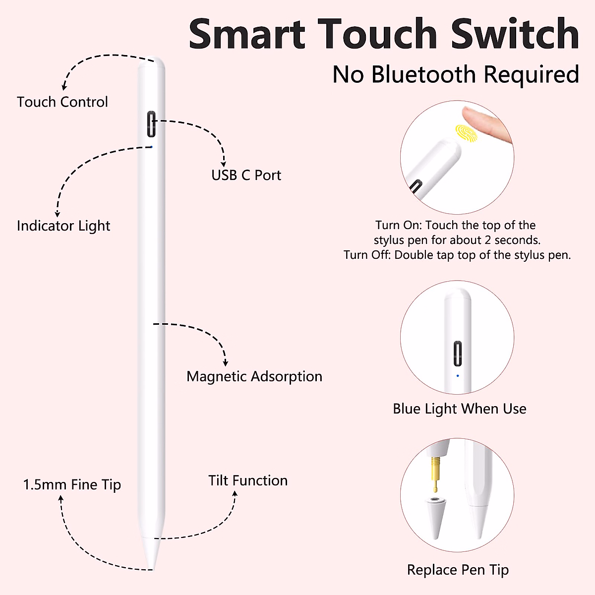 Stylus Pen for iPad with 15mins Fast Charging, Palm Rejection, Active Pencil Compatible with Apple iPad Pro 11&12.9" (2018-2022), iPad 10/9/8/7/6th Gen, iPad Air 3rd/4/5th Gen, iPad Mini 5/6th Gen