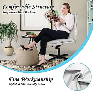 TAVATA High Back Armless Office Desk Chair No Wheels, PU Wide Seat Home Office Desk Chair Cross Legged Office Chair, Modern Adjustable Swivel Vanity Chair… (White)