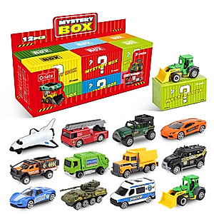 Oriate Diecast Toy Cars Set for 3 4 5 6 7 8 Year Old Boys, 12 Pack Mini Metal Cars 1/64, 12 Theme in one Set Blind Box Edition- Include Farm, Space Ship, Truck for Children Birthday Party Decor Gifts