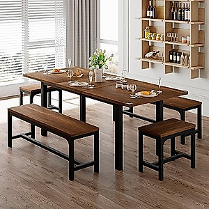 Feonase 5-Piece Dining Table Set for 6-10 People, 63" Large Extendable Kitchen Table Set with 2 Benches and 2 Square Stools, Dining Room Table with MDF Wood Board, Easy Assembly, Walnut