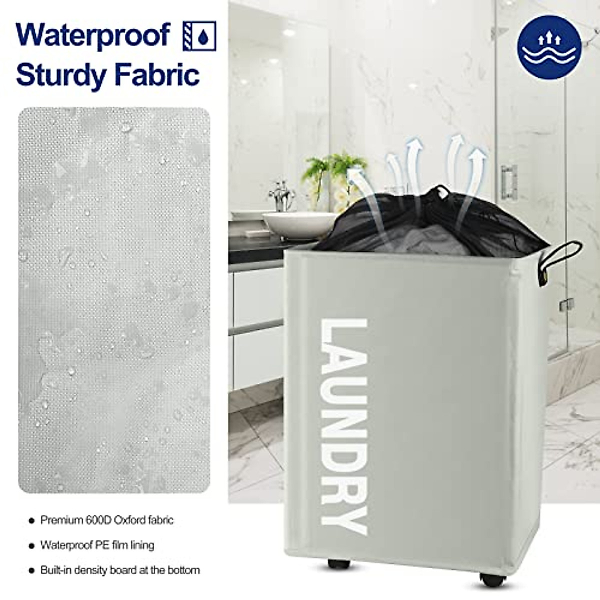 HolaDream Laundry Basket with Wheels, 22" Large Rolling Hamper with Leather Handle 70L, Collapsible Dirty Clothes Foldable Corner Washing Bin Waterproof Storage Organizer