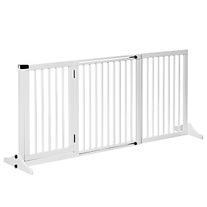 PawHut Adjustable Wooden Pet Gate, Freestanding Dog Fence for Doorway, Hall, 3 Panels w/Safety Barrier, Lockable Door, White, 44.5"-65.25" L x 14.25" H