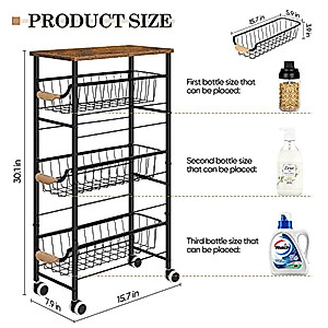 Shinoske Slim Rolling Storage Cart,4-Tier Rolling Kitchen Cart,Narrow Utility Cart with Pull-Out Basket and Wooden Top,for Ktichen,Bathroom,Laundry Room,Small Space,Rustic Brown