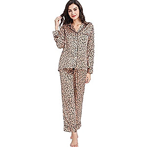 Serenedelicacy Women's Satin Pajama Set 2-Piece Sleepwear Loungewear Long Sleeve Button Down Silky PJ Set (Medium, Tan/Black/Ivory, Leopard)