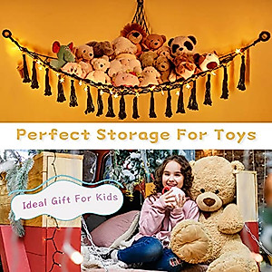 Stuffed Animal Net or Hammock, 63"x 50"x50" Stuffed Animal Toy Storage Hammock with Led String Lights, Corner Hanging Toy Net Organizer Boho Decor for Nursery Kids Room Bedroom (Black)