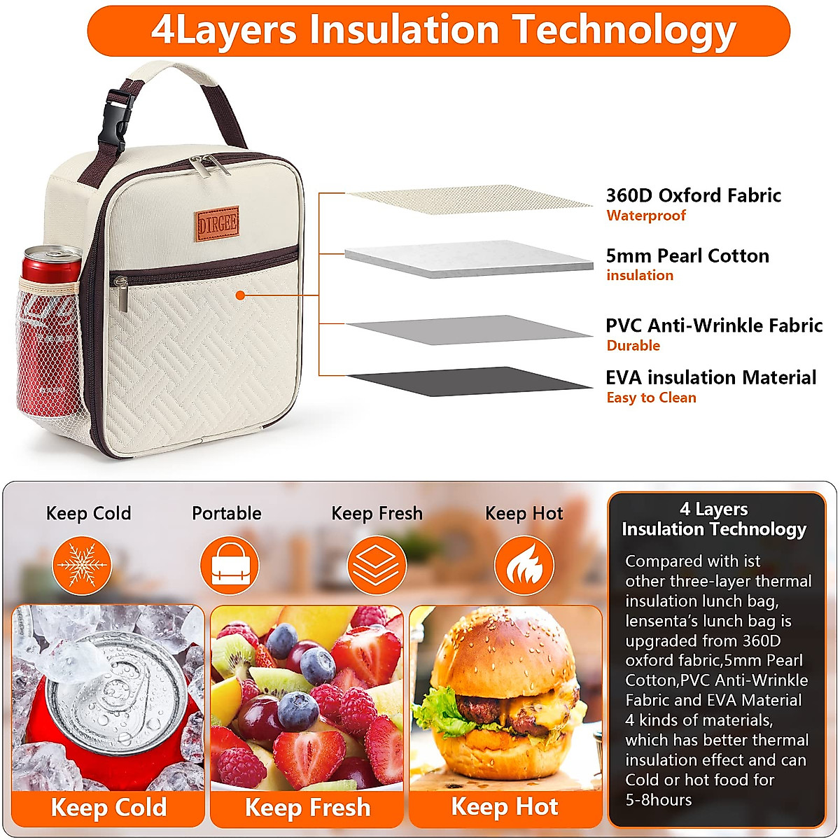 DIRGEE Lunch Bag for Women Insulated Lunch Bag For Men Adults Small Lunch Bag for Office Work - Leakproof Freezable Cooler Bag Reusable Portable Lunch Box (White)