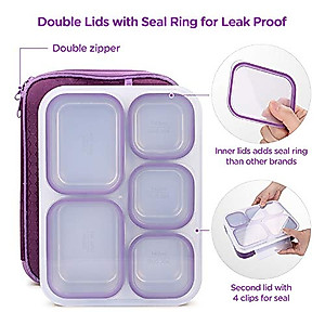 Stainless Steel Kids Bento Lunch Box Leak Proof BPA-Free DaCool School Lunch Container 5-Compartment with Lunch Bag and Fork for Toddler Child Adult, Food Snack Container for Picnic Outdoors, Purple