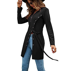 LYANER Women's Sexy Zip Up V Neck Long Sleeve Side Split Asymmetrical Hem Longline Tunic Blouse Top Black X-Large