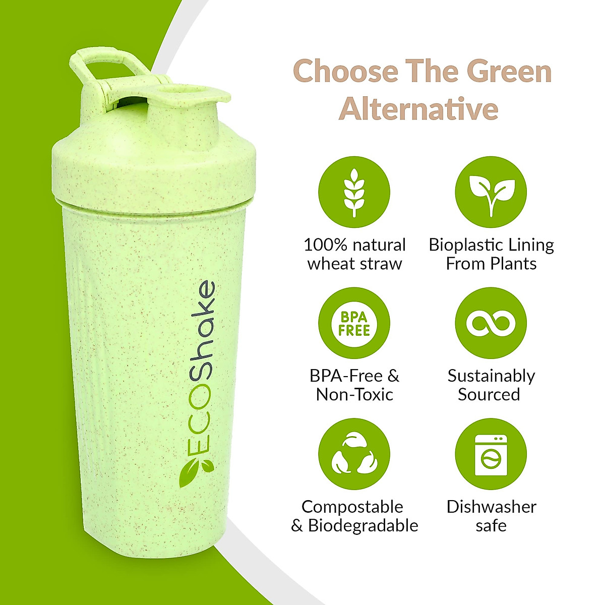 Eco Shake, your eco-friendly bottle: shaker bottle for the health-conscious & environmentally friendly. 100% biodegradable Wheat Straw, 20-ounce