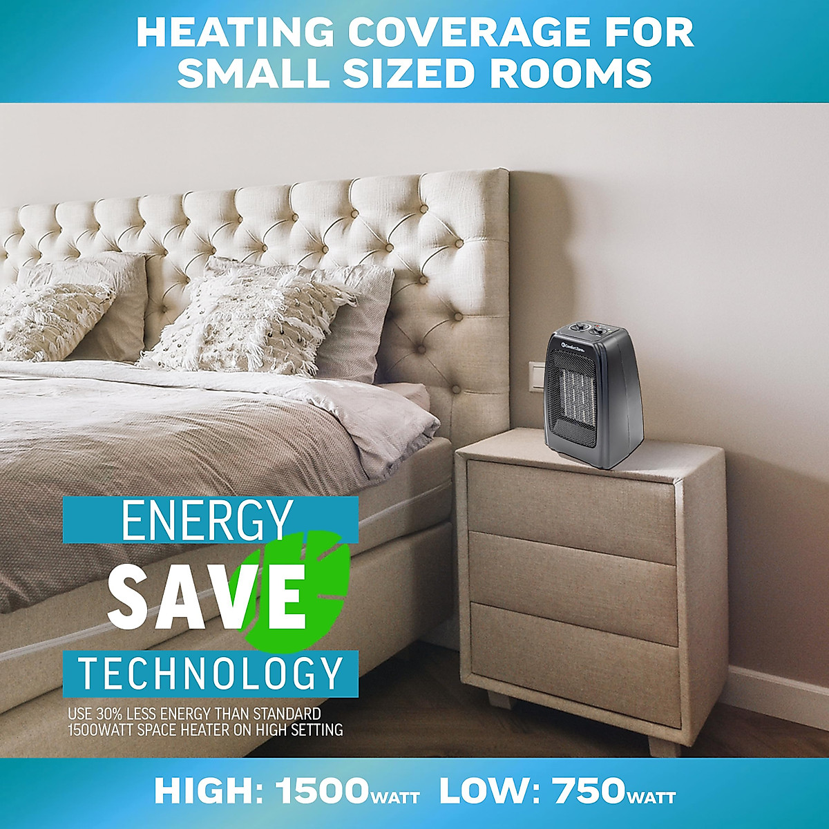 Comfort Zone CZ442E Personal Energy Save Ceramic Heater - 1500W Portable with Adjustable Thermostat, Tip-Over Switch & Overheat Protection, Black