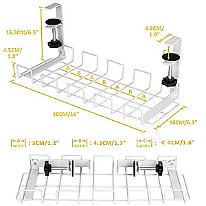 Under Desk Cable Management Tray, 40cm Upgraded No Holes to Drill Under Desk Cord Fodable Clamp Organizer for Wire Management Metal Holder for Home, Office and Kitchen (1 Pack, White)
