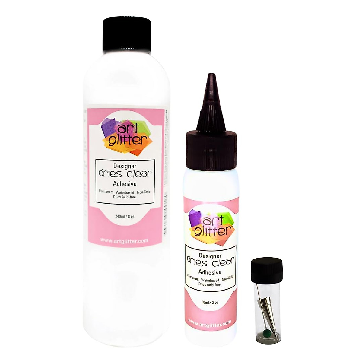 Art Institute Glitter Designer Dries Clear Adhesive Clear Glue Kit Bundle-3 Items 8oz,2oz and Metal Tip, Multicolored