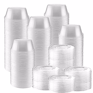 NYHI 100-Pack Jello Shot Cups with Lids - 2 Ounce Clear Plastic Containers with Leak-Proof Lids -Jello Shooter Shot Cups -Compact Food Storage for Portion Control, 2 oz,Sauces, Liquid, Dips