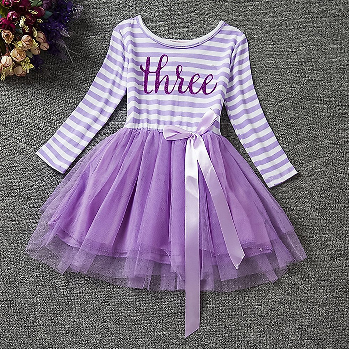 Iwemek Newborn Baby Girl Princess Long Sleeve Shinny Stripe Crown Printed 1st/2nd/3rd Birthday Cake Smash Tulle Tutu Skirt Dress, Purple (3 Years), One Size