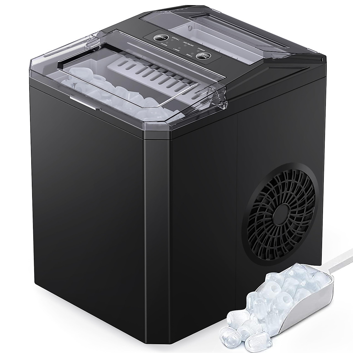 BEBISUNY Countertop Ice Maker, 9 Cubes Ready in 6 Mins, 12KG in 24Hrs, Self-Cleaning Ice Machine with Ice Scoop and Basket, 2 Sizes of Bullet Ice for Home Kitchen Office Bar Party, Black